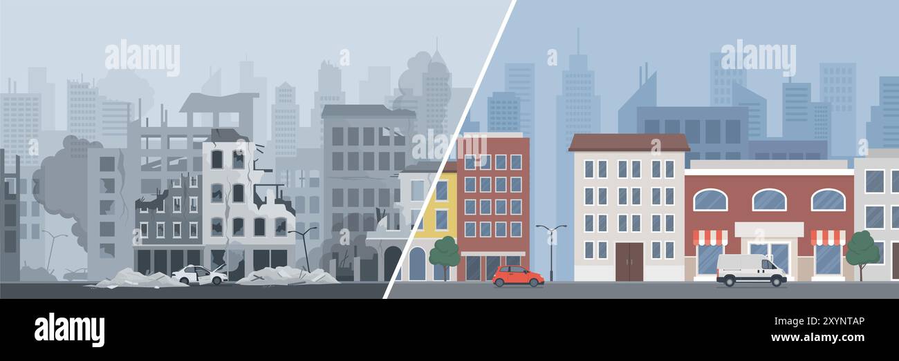 Destroyed damaged city with falling buildings and rebuilt city with new ...