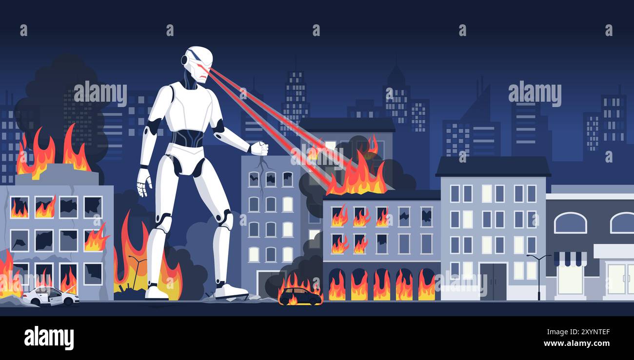 Angry giant robot burning buildings and damaging the city, evil AI ...