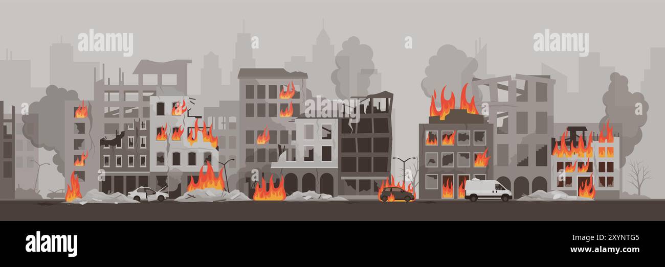 Panorama of a destroyed burning city with collapsing buildings and ...