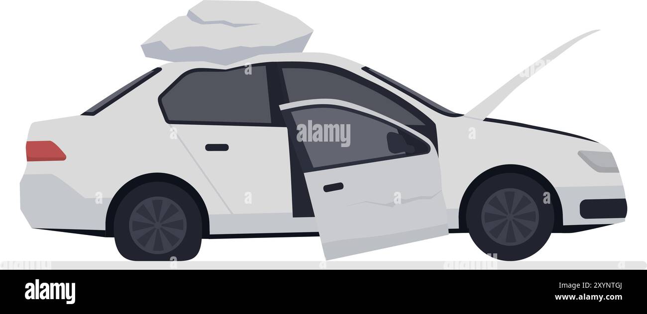 Smashed car hit by a rock, car insurance and emergency service concept ...