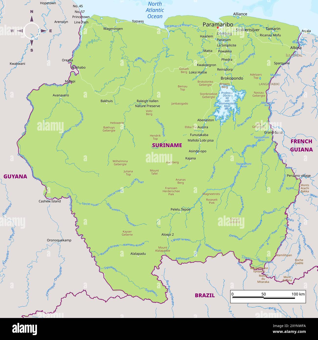 Suriname political map with capital , cities, towns, national borders ...