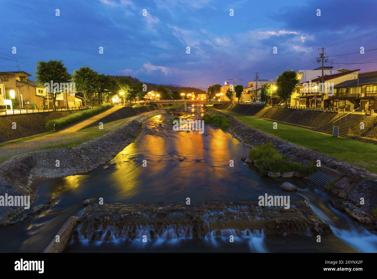 Beautiful blue hour twilight sky along the Miya-gawa river flowing thru ...