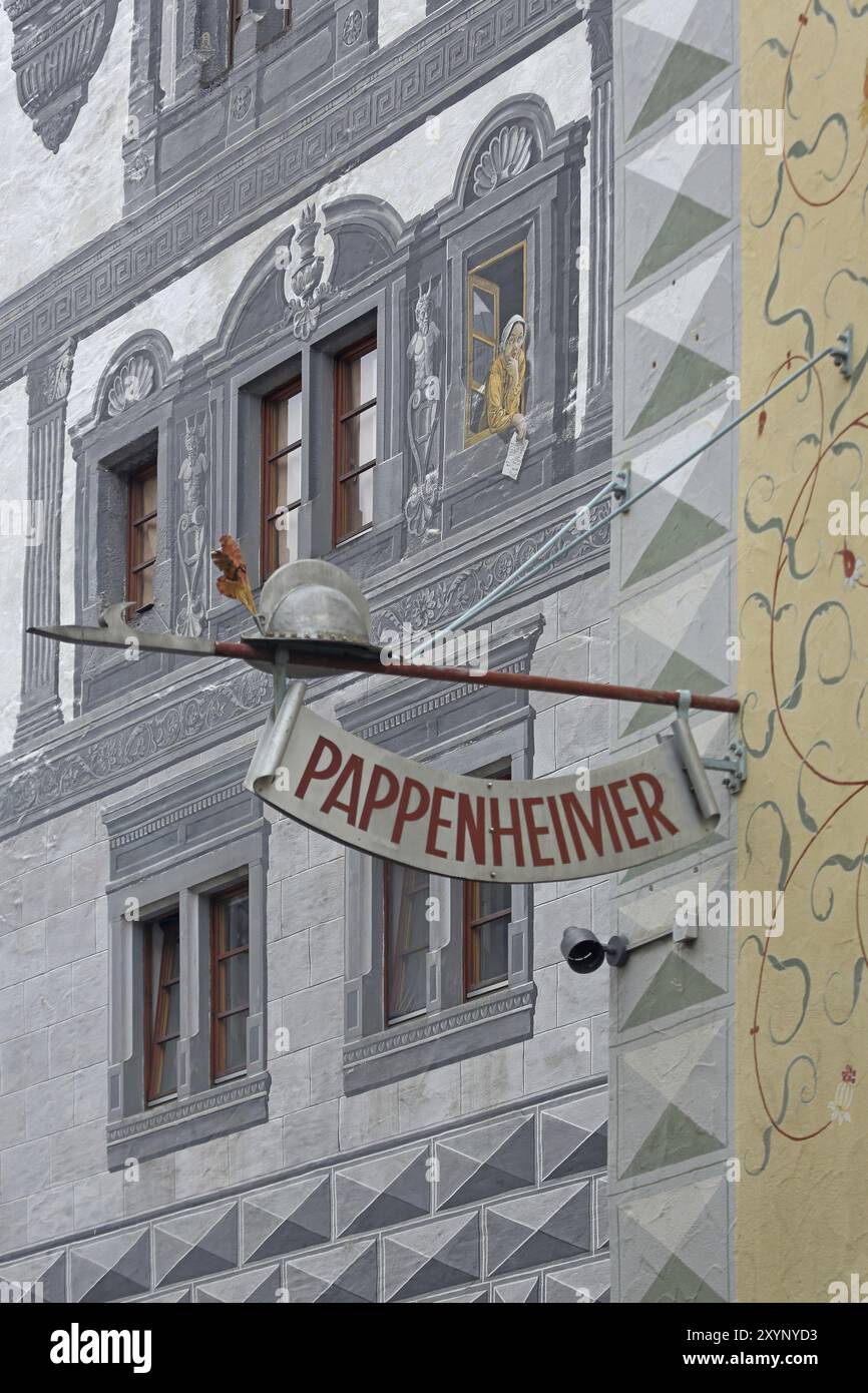 Nose sign with inscription Pappenheimer, historical building with wall ...