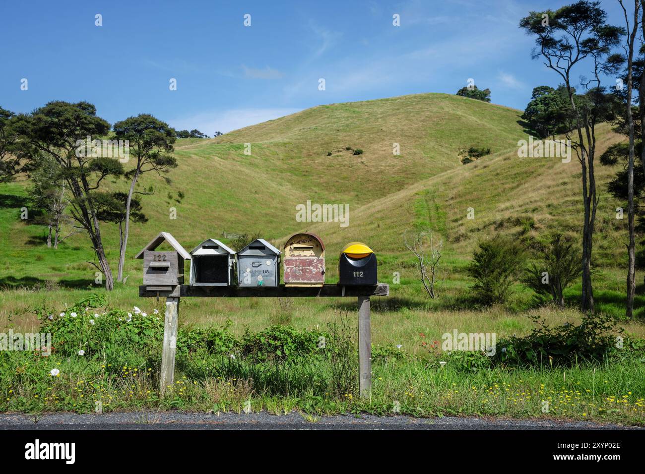 Rural mail boxes near Kawakawa Bay, Auckland Region, North Island, New ...