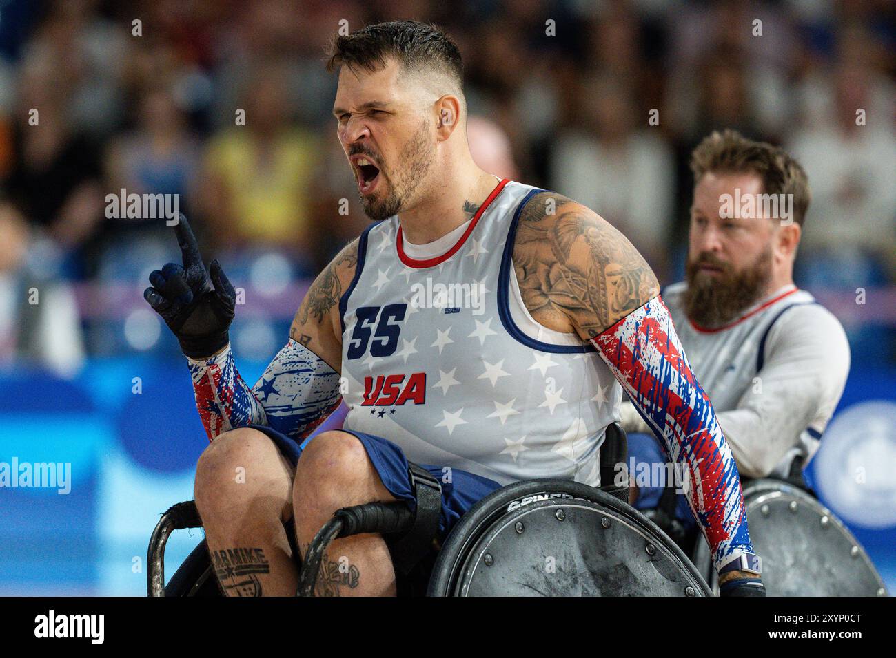 Mason Symons (55) of USA celebrates during a wheelchair rugby match ...