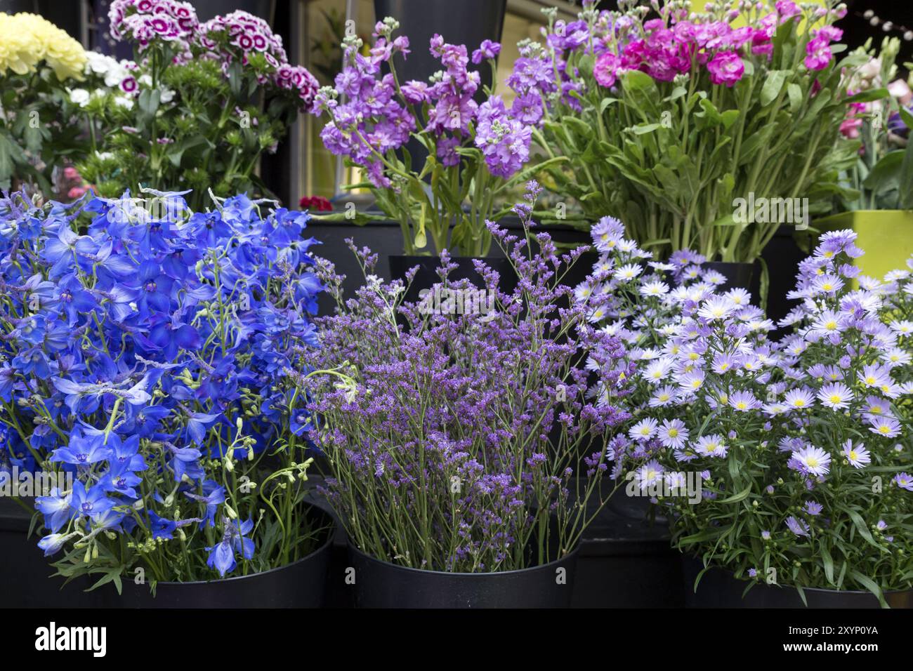 Decorative items and flowers in front of a store hi-res stock ...