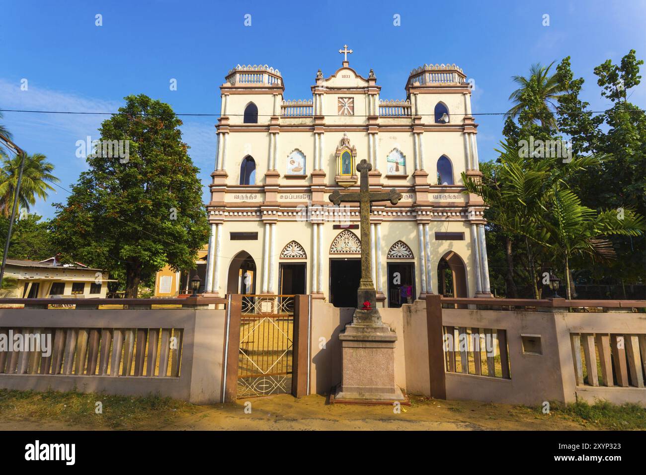 The front facade of Saint Antony Church is seen from quiet street in ...