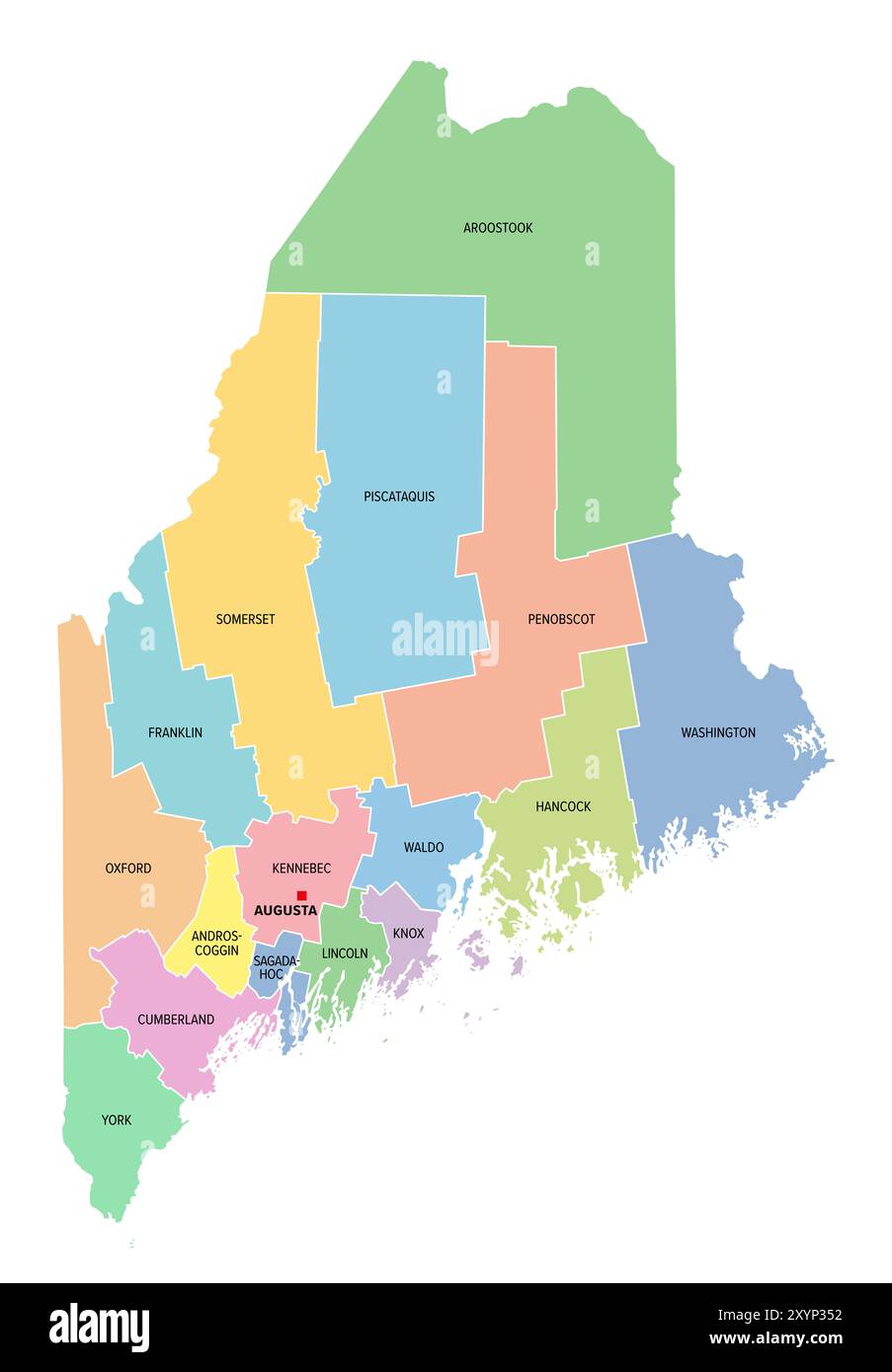 Maine, U.S. state, subdivided into 16 counties, multi colored political ...