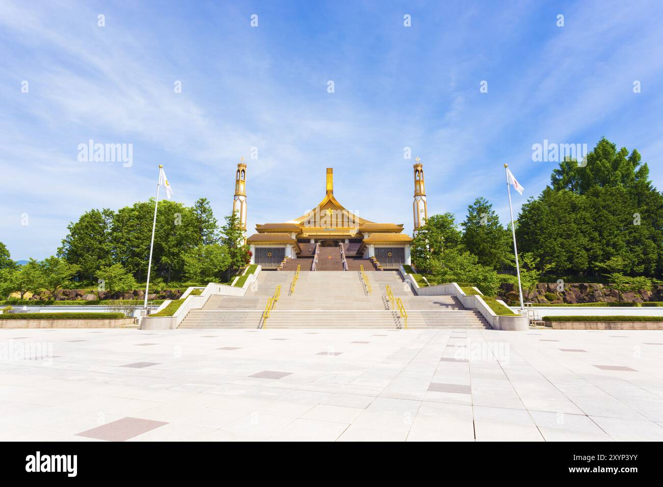 Centered wide angle horizontal view of courtyard and front steps of the ...