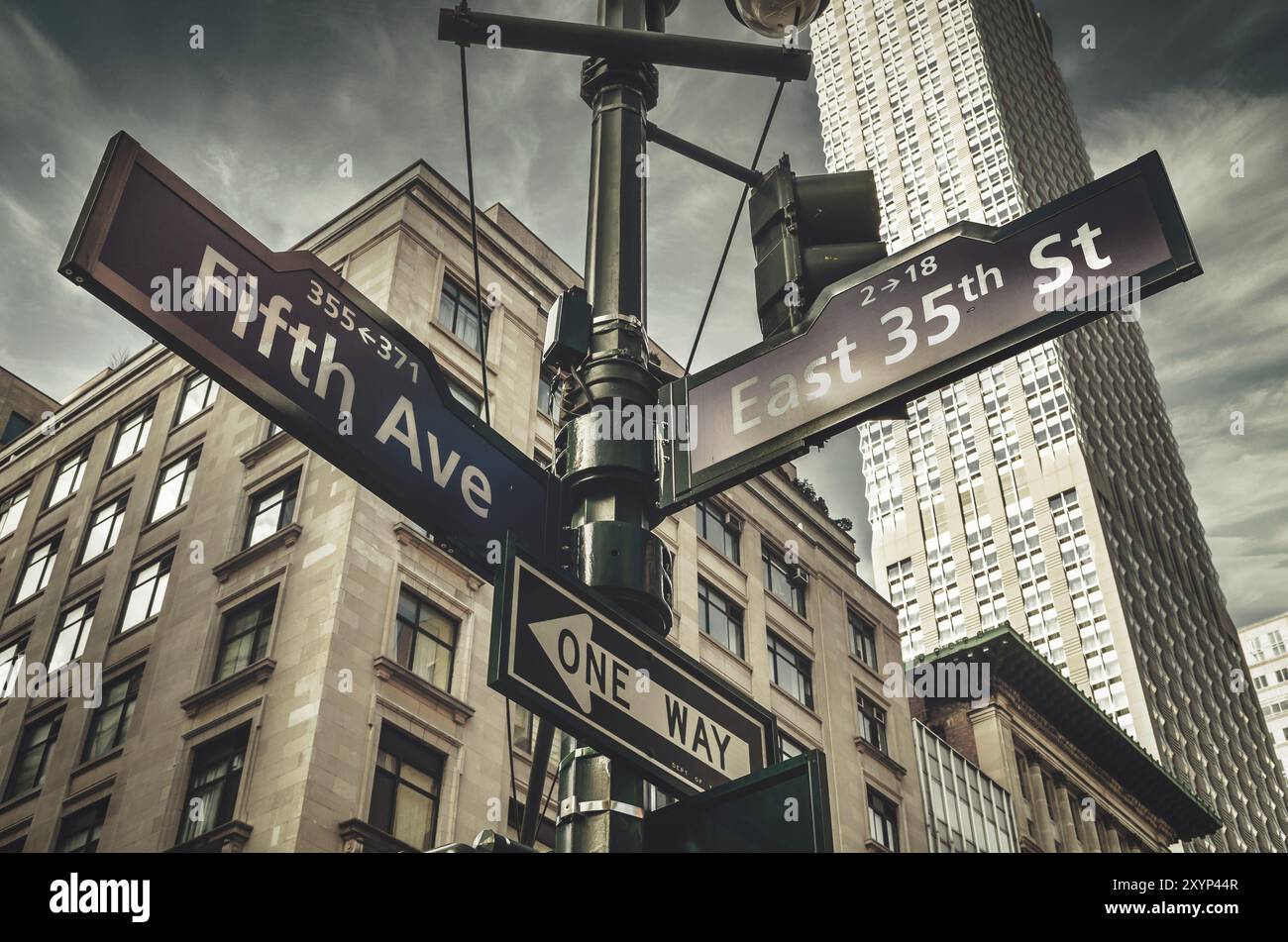 Fifth Ave 5th Ave, New York City sign, view from low angle with building facade and sky in ...