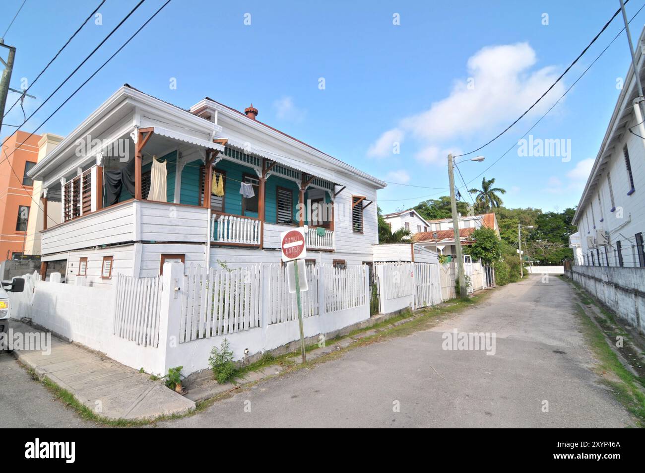 View of wooden houses of Belize city in Belize Stock Photo - Alamy
