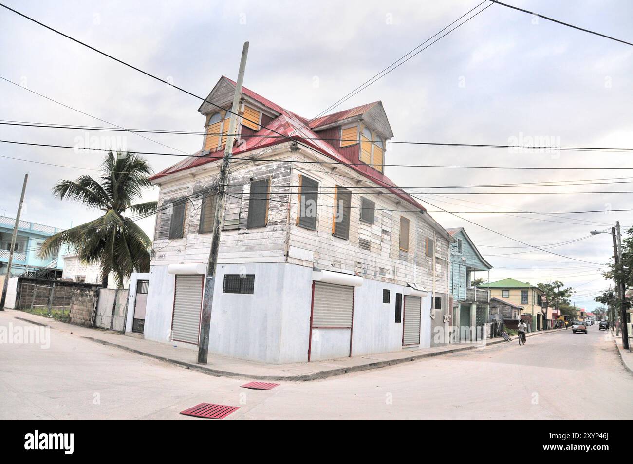 View of wooden houses of Belize city in Belize Stock Photo - Alamy