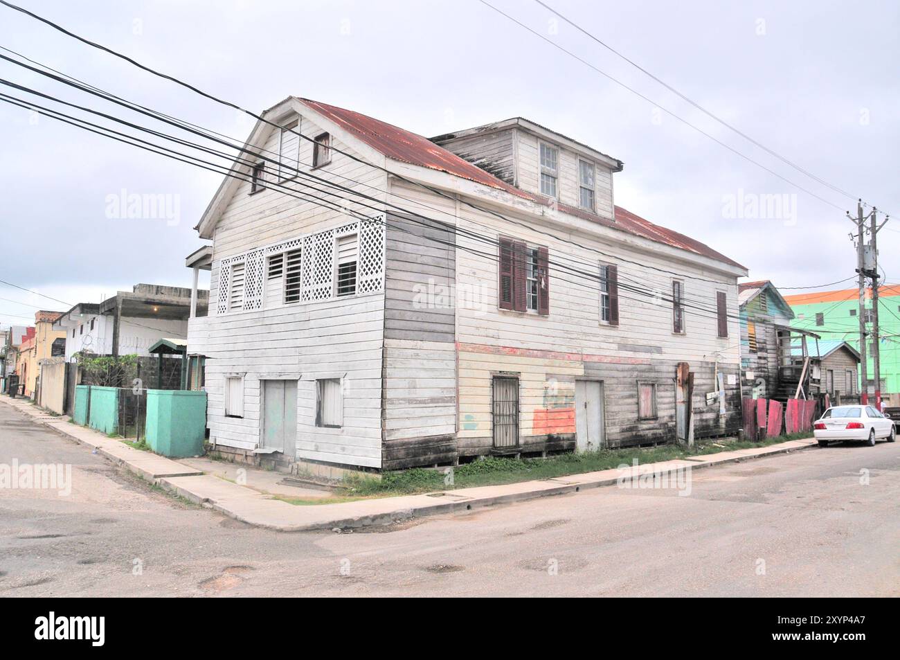 View of wooden houses of Belize city in Belize Stock Photo - Alamy