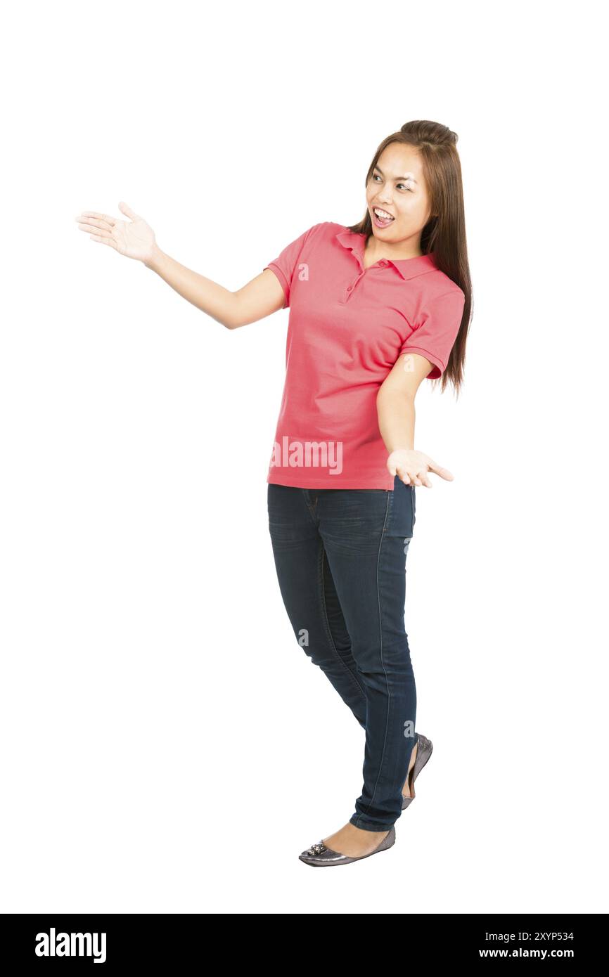 Full length isolated white background profile of spokes model Asian ...