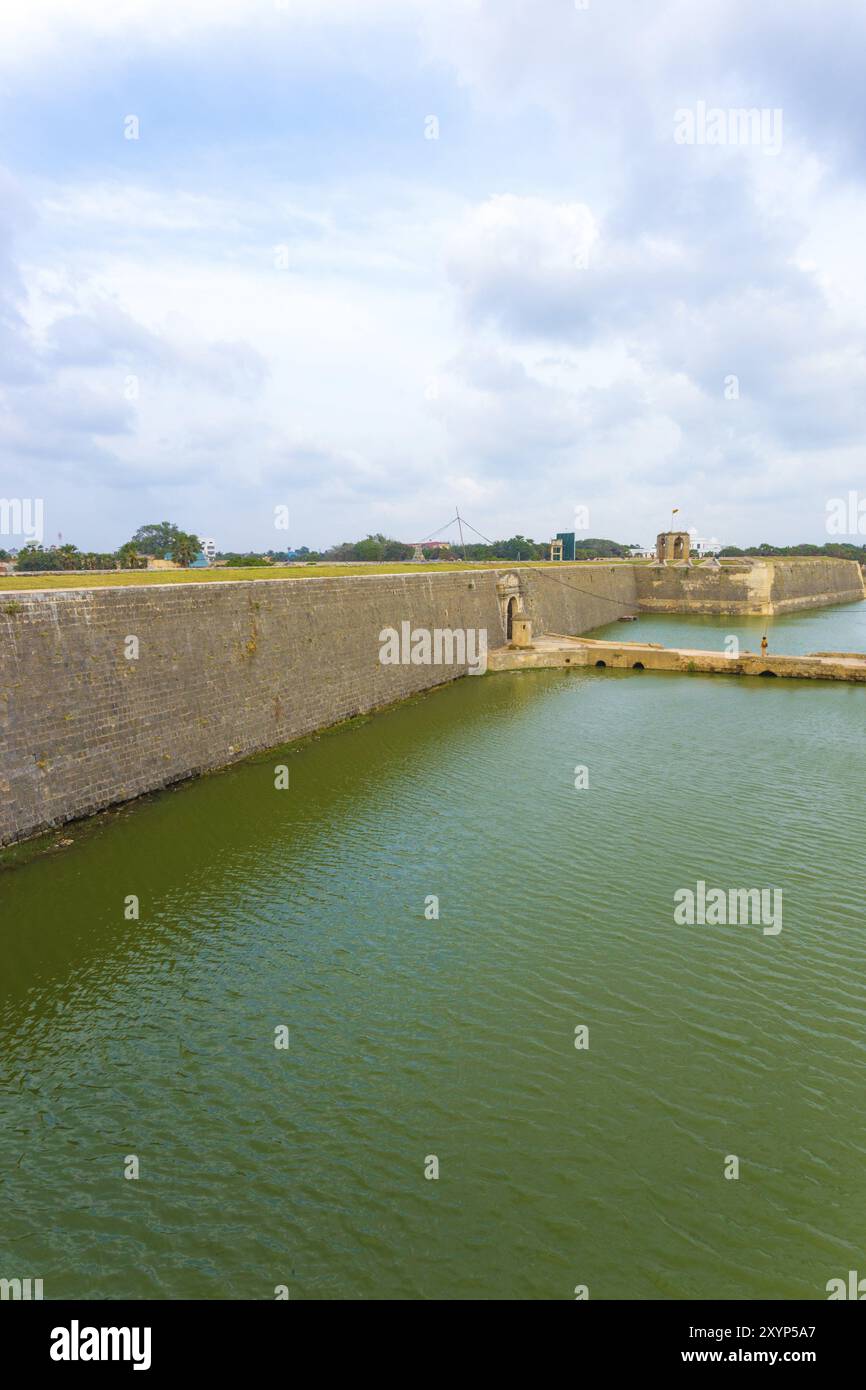 Distant view of entrance and bridge over moat into Jaffna Fort in Sri ...