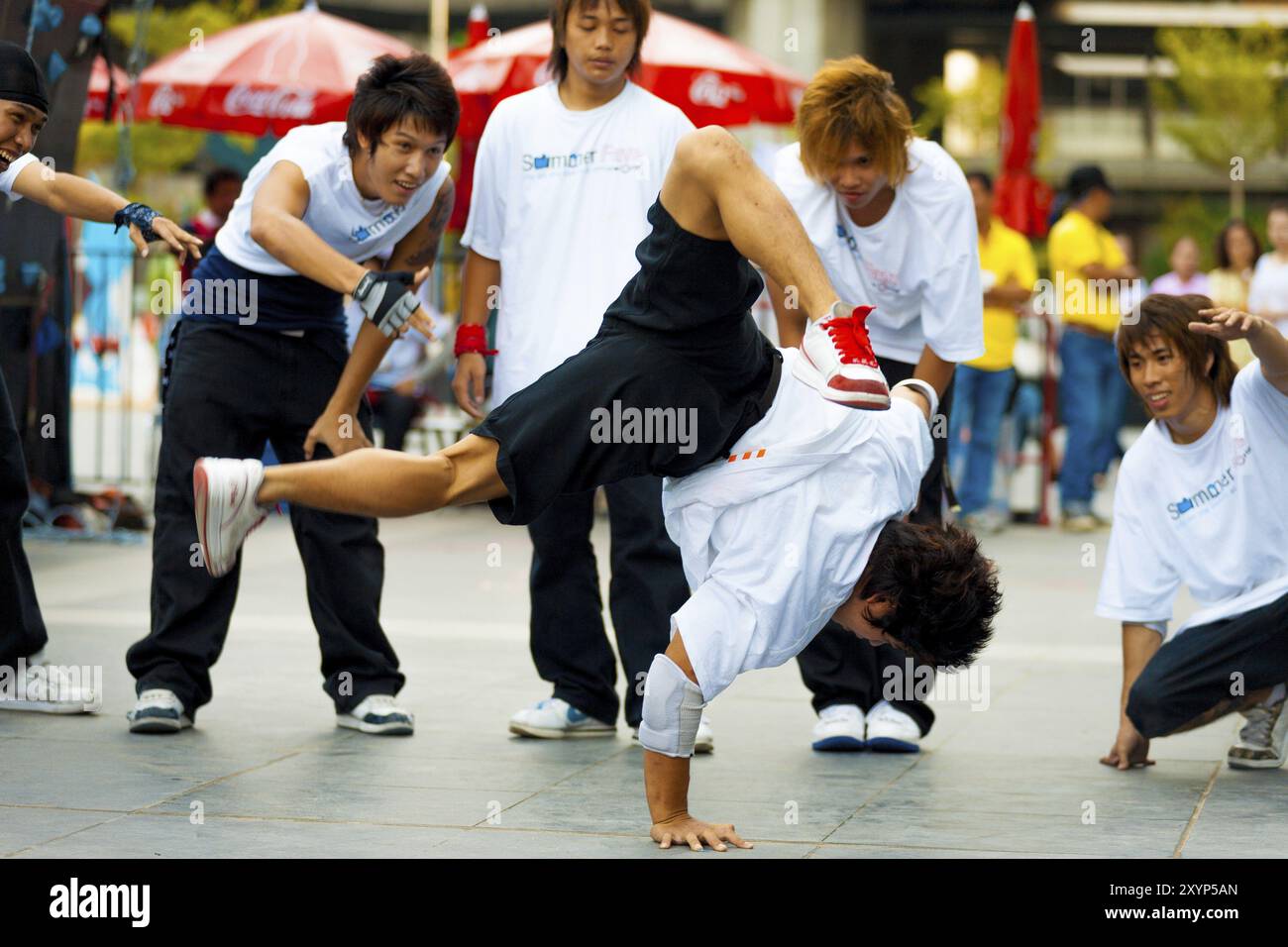 Bangkok, Thailand, April 16, 2007: A Thai male breakdancer performing ...