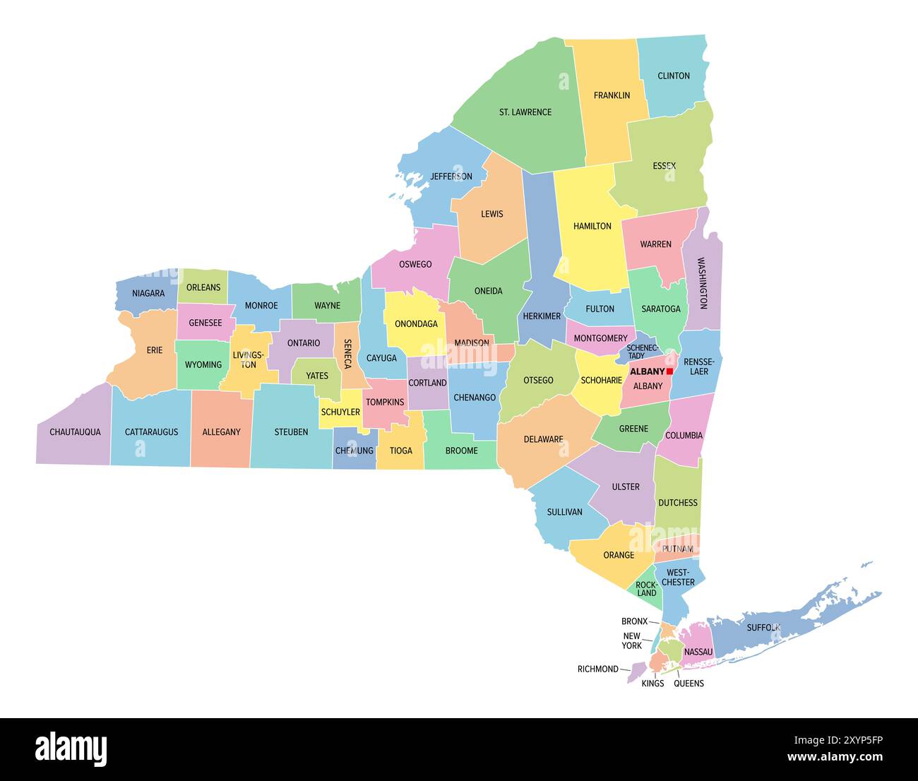 New York, U.S. state, subdivided into 62 counties, multi colored ...