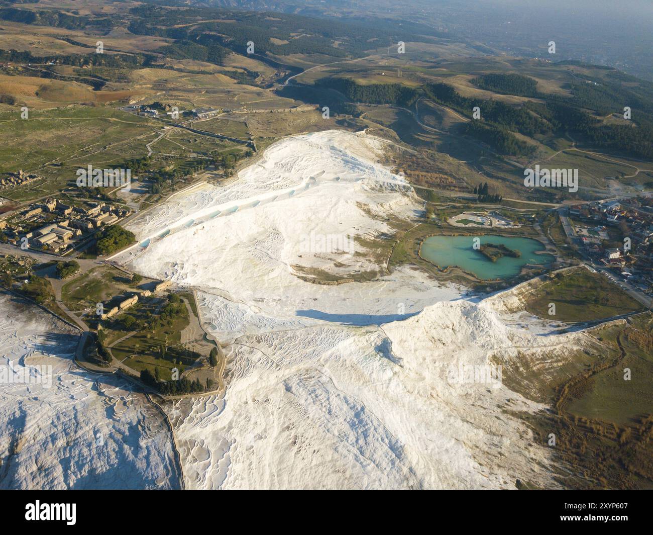 Aerial view of white cotton castle travertine terraces in Pamukkale ...