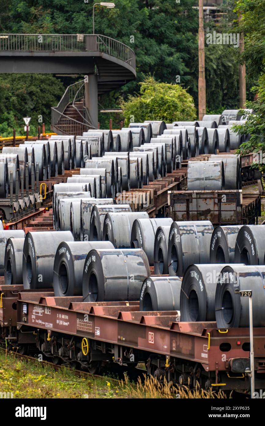 Bandstahl Rollen, Coils, auf Güterwagons, im ThyssenKrupp Steel Werk ...