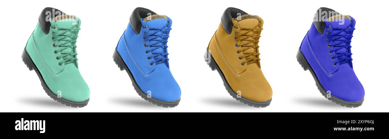 Set of multicolored boots. Angle view. Isolated on white background ...