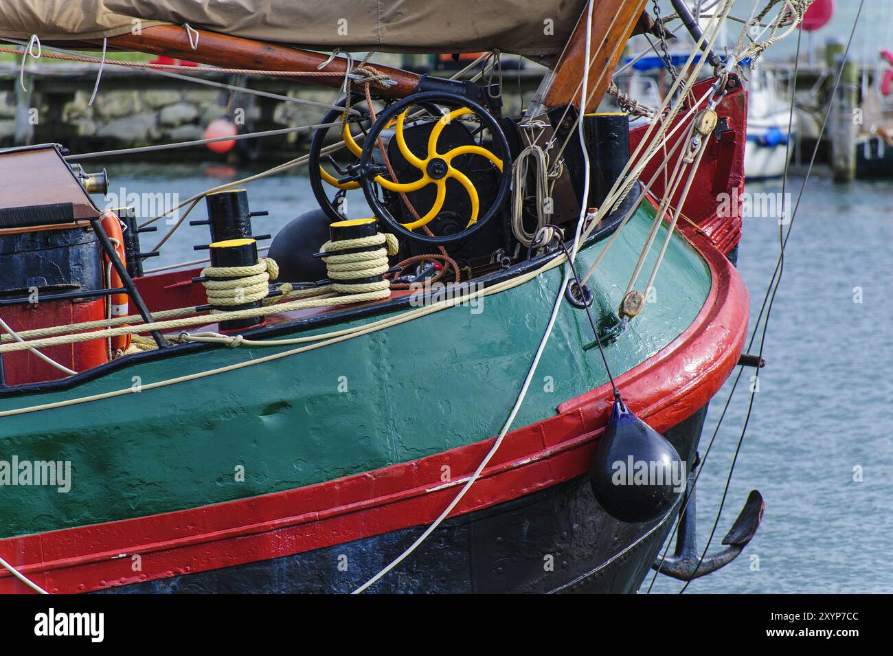 Bow of a historic sailing ship in Timmendorf Strand harbour Stock Photo ...