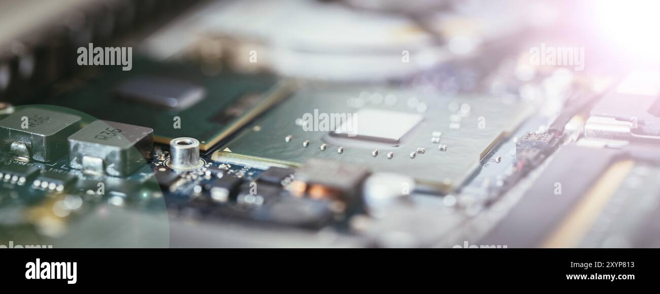 Computer chip on a circuit board, close up with light effect. Computer ...
