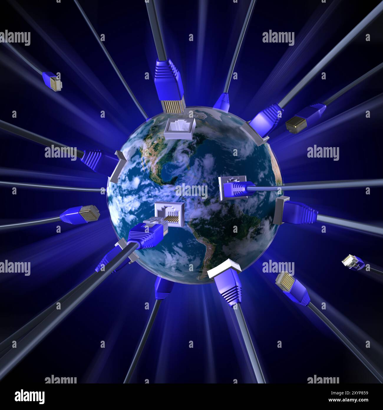 Network cable connectors plugging into the Earth globe. Internet ...