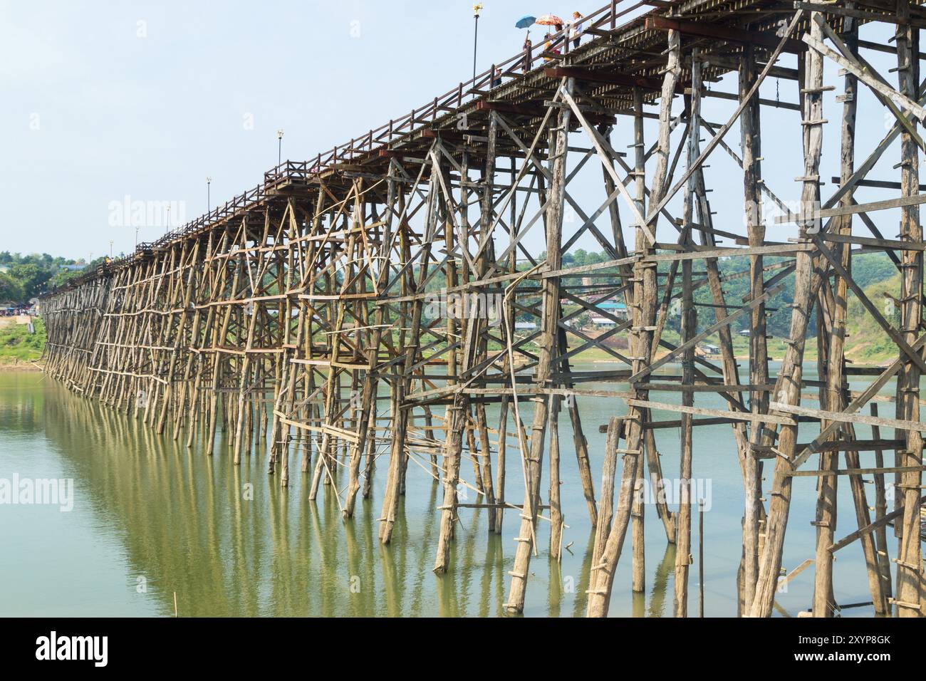 The old wooden bridge (MON BRIDGE) longest in Thailand. at Sangklaburi ...