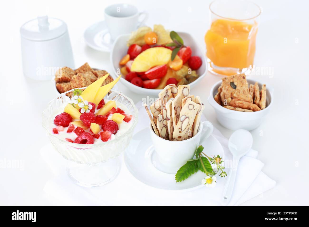 Healthy breakfast with yogurt, fresh fruits and cereal sticks Stock ...