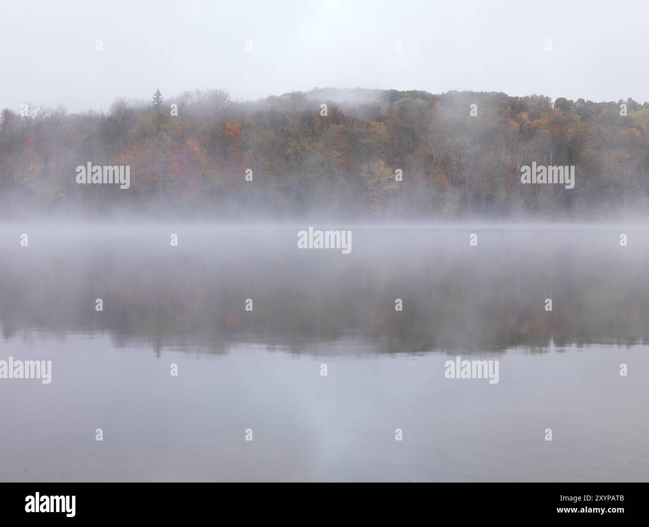 Early morning fall nature scenery of fog rising over The Arrowhead Lake revealing colorful ...