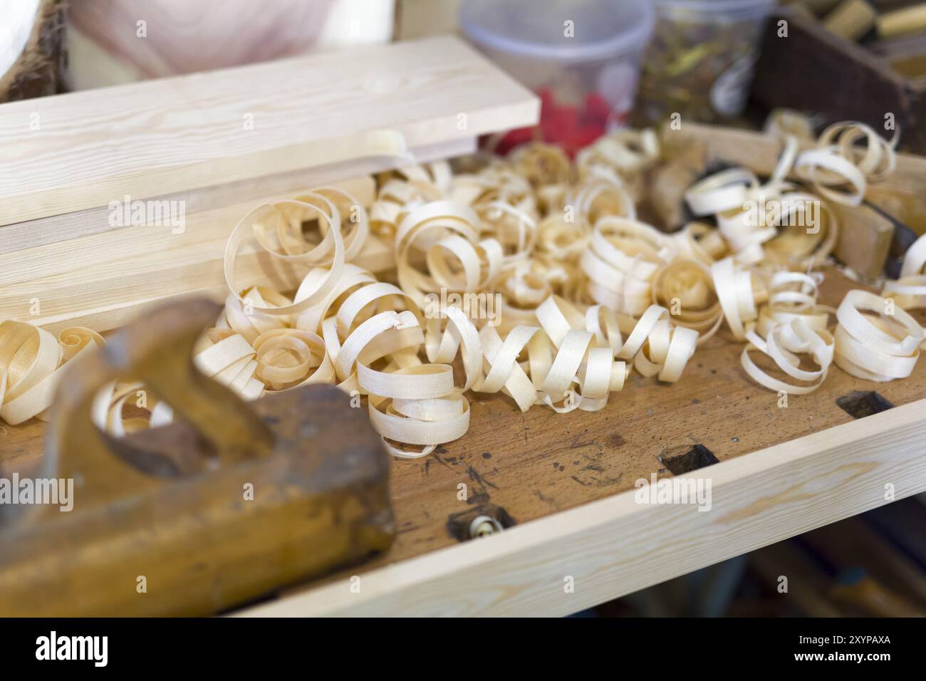 Wood shavings on a workbench Stock Photo - Alamy