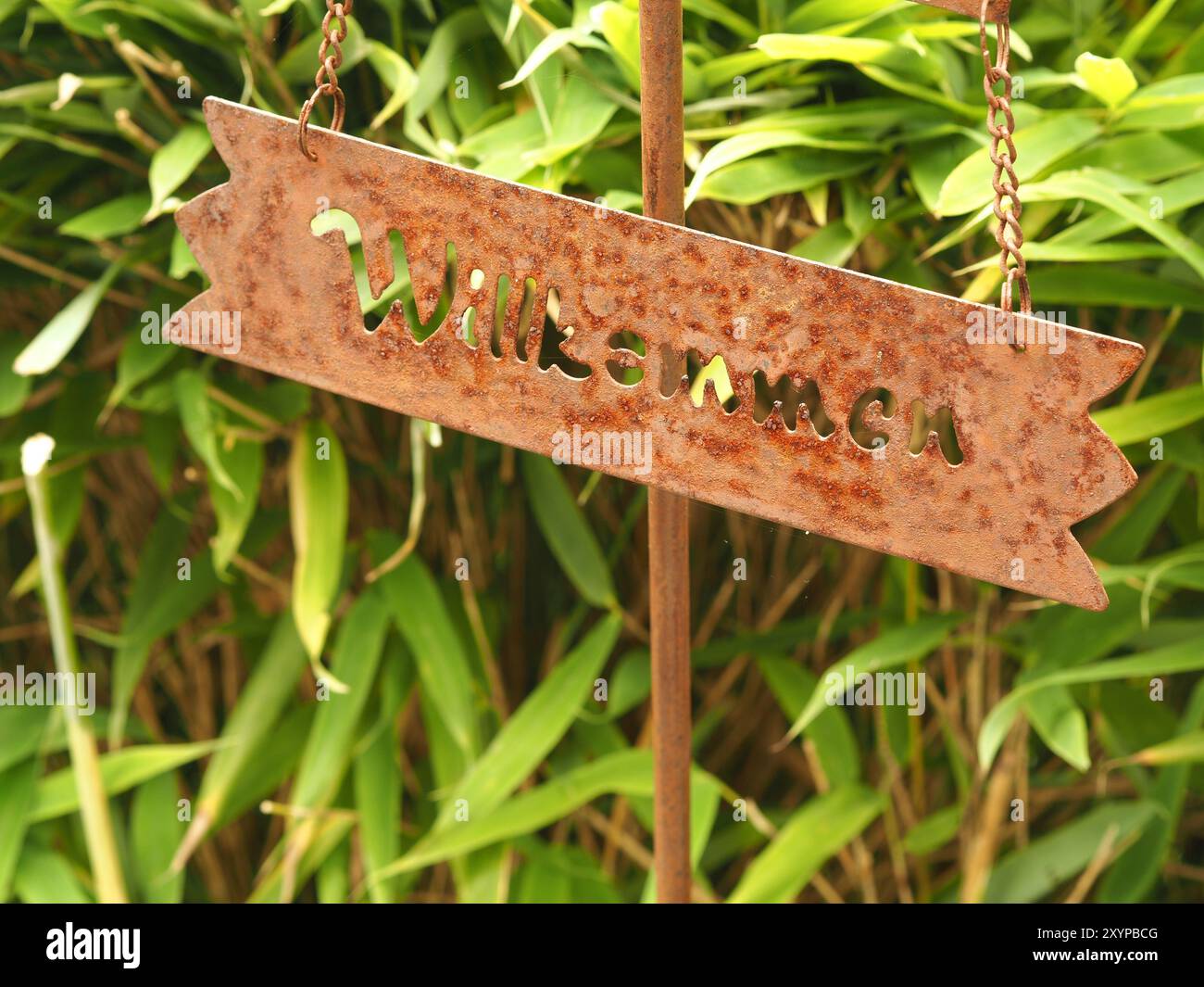 Green bamboo background with a rusty steel sign with the German word ...