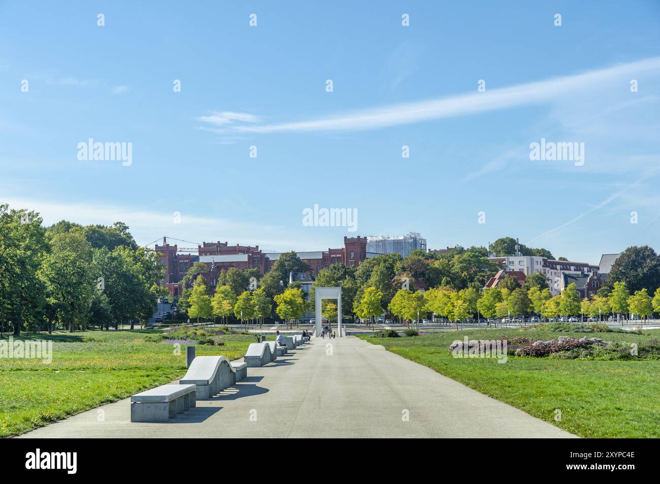 Promenade on the floating meadow on the castle lake Stock Photo - Alamy