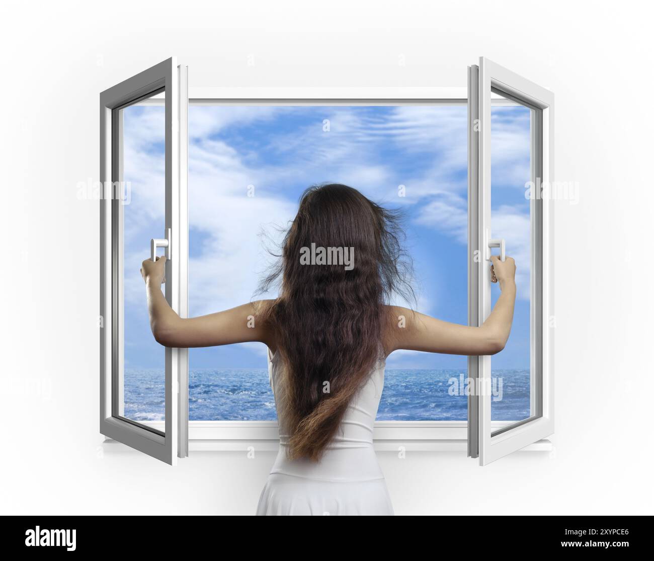 Young woman opening a window with a view on the sea, concept isolated ...