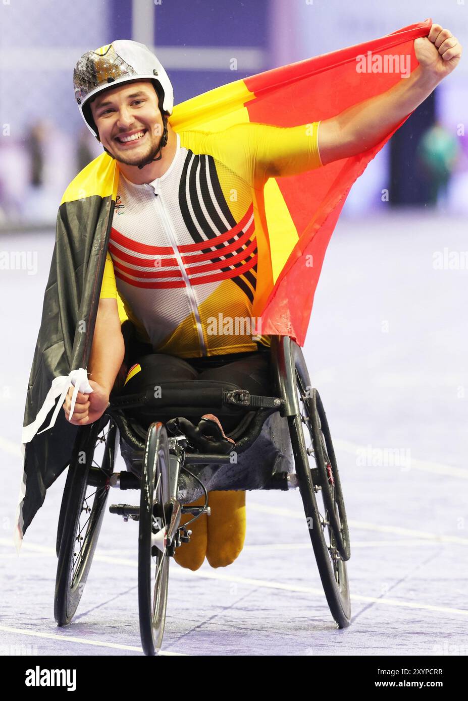 Paris, France. 30th Aug, 2024. Belgian Maxime Carabin celebrates after ...