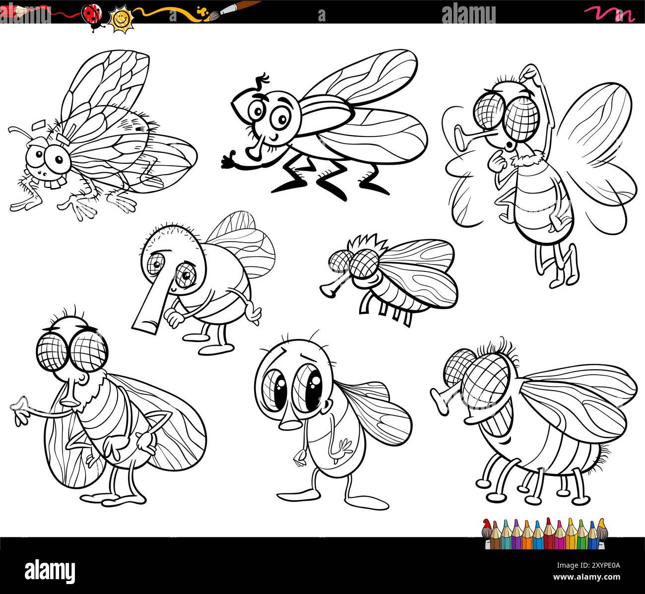 Cartoon humorous illustration of comic flies insects animal characters ...