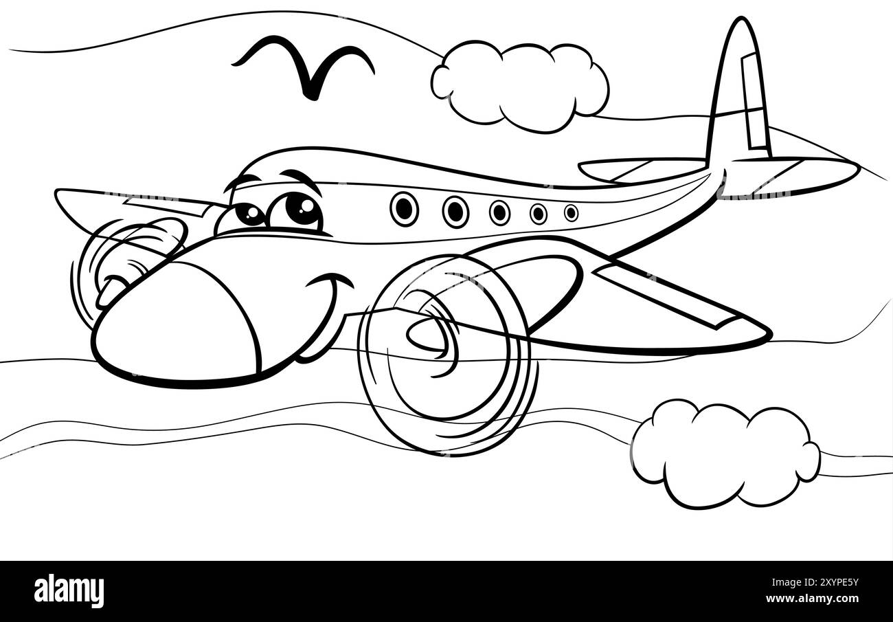 Cartoon illustration of funny airplane comic character coloring page ...