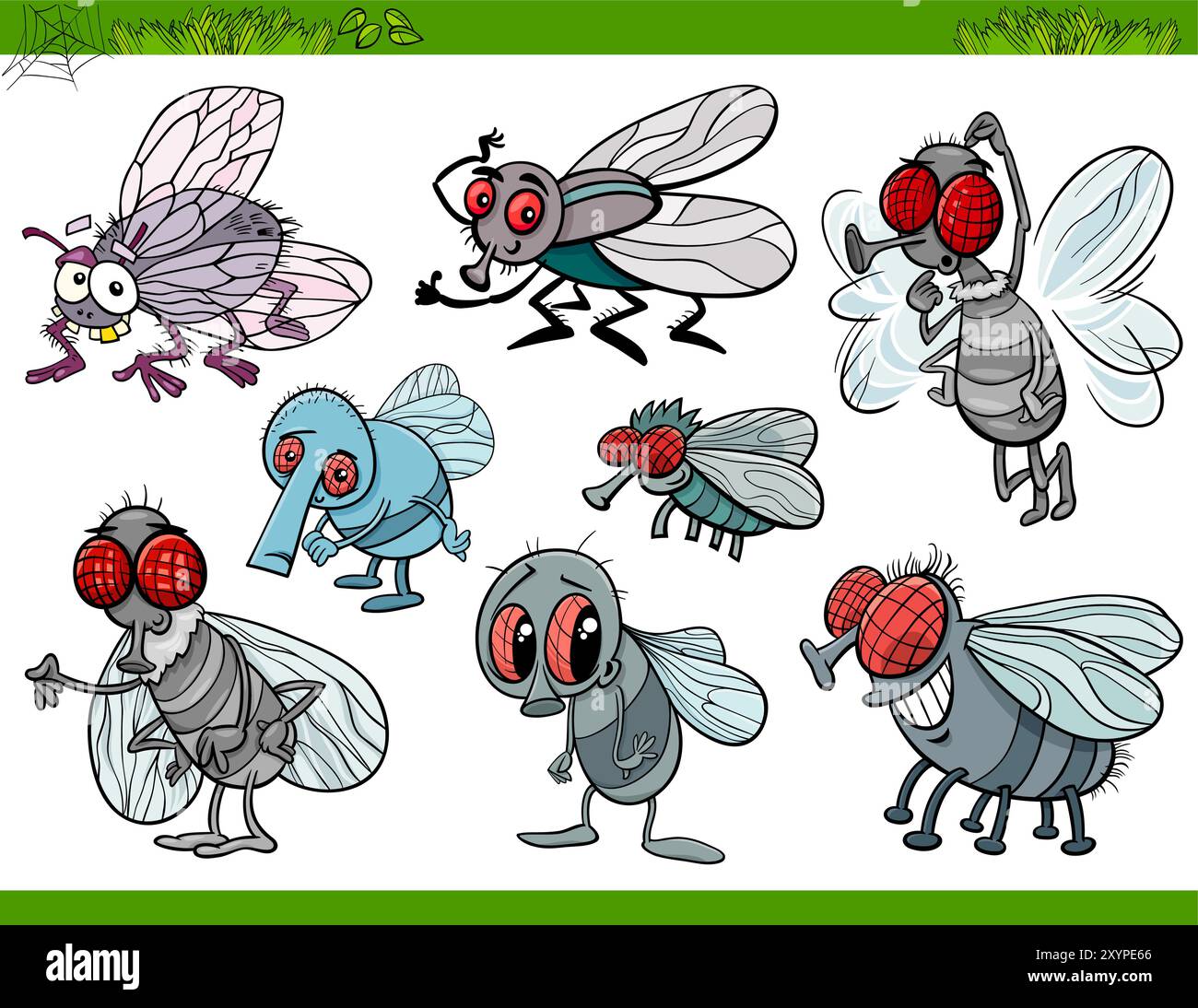 Cartoon humorous illustration of comic flies insects animal characters ...
