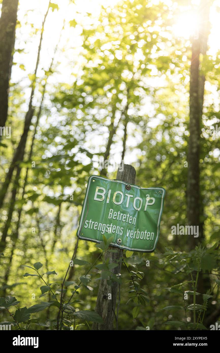 Nature reserve area in Germany. Sign with ?Biotope. Strictly forbidden ...