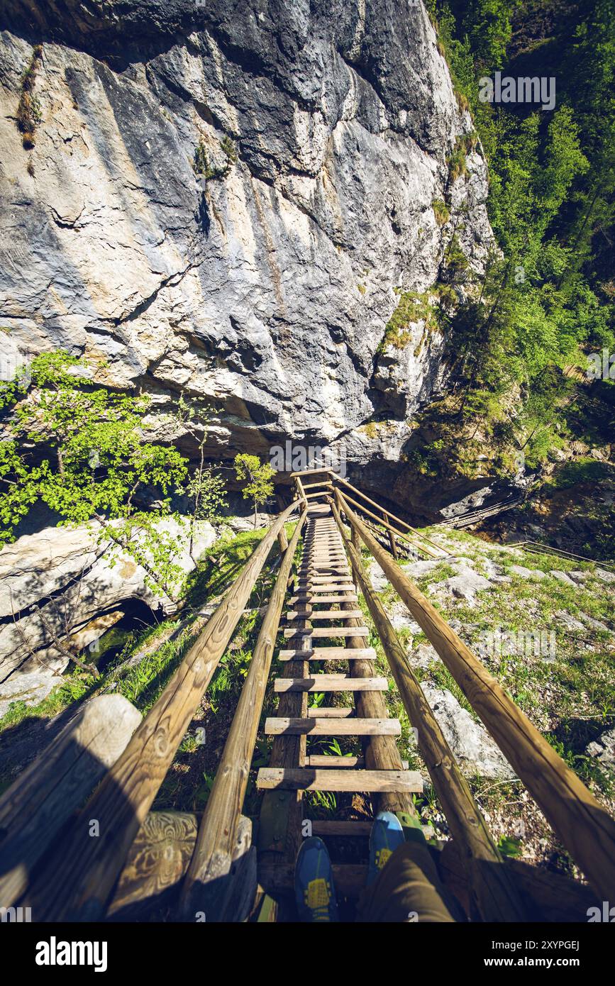 View at waterfall path along mountain stream. Tourist spot. Travel ...
