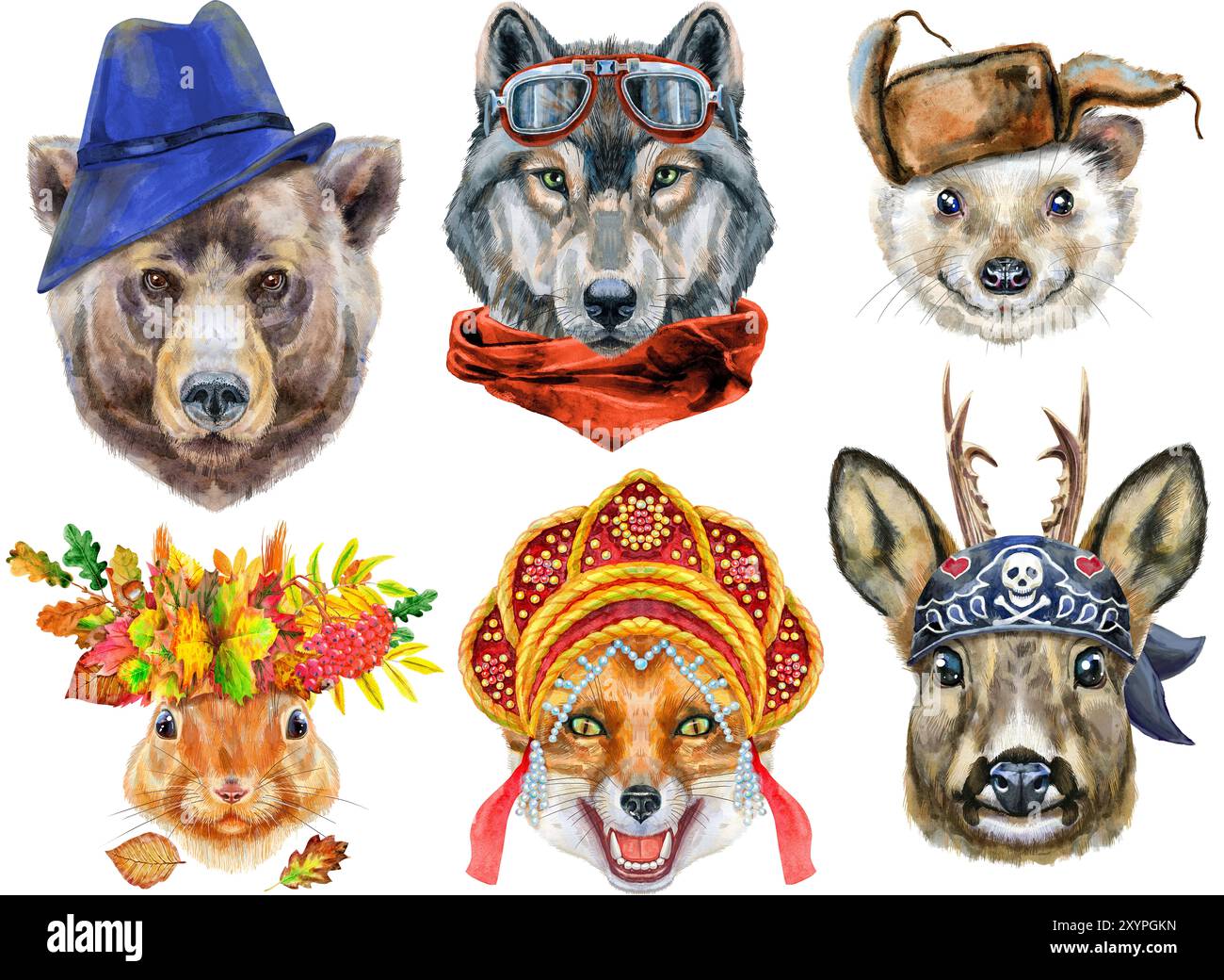 Watercolor drawing of the animals - bear, wolf, fox, roe deer, hedgehog ...