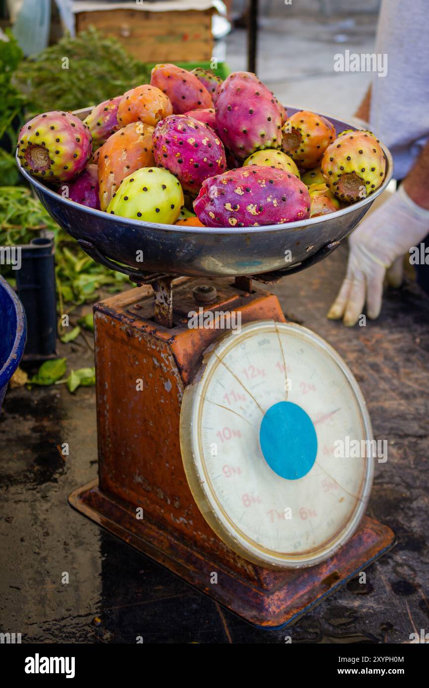 multi-colored prickly pear fruits on the market taken at Marsaxlokk ...