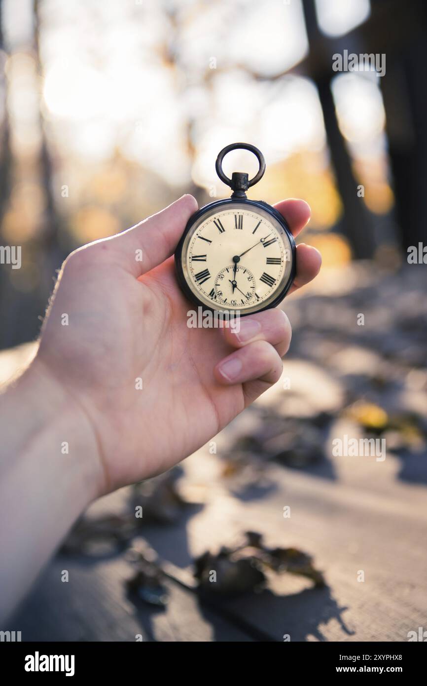 Hand held stop watch outdoors, autumn, blurry background Stock Photo ...