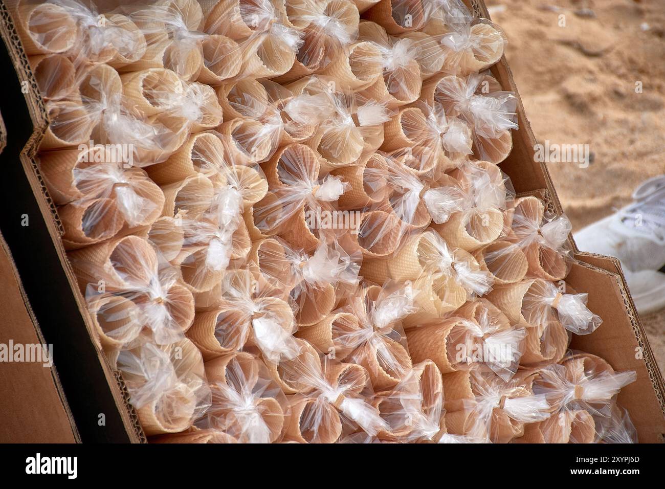 A collection of beach wafers, each individually wrapped in clear ...