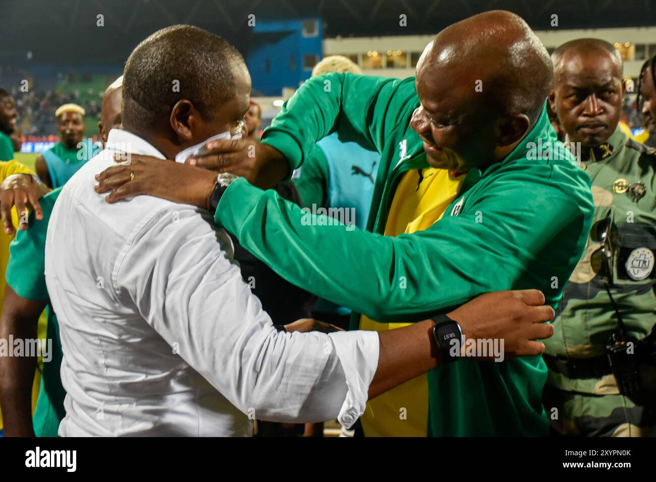 FRANCEVILLE, GABON - JUNE 11: Coach Thierry Mouyouma of Gabon Celebrate ...