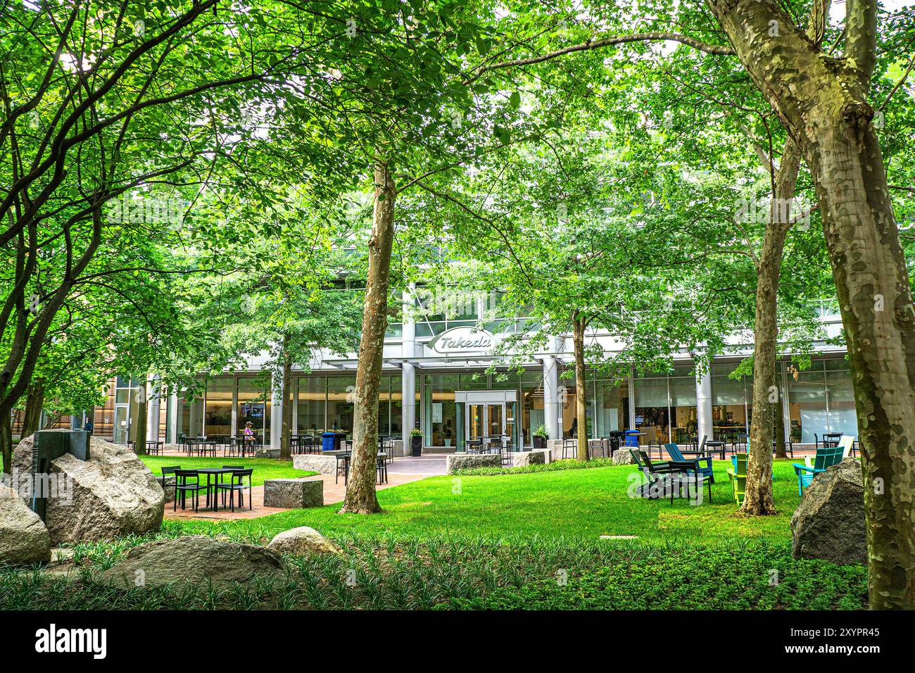 Takeda Pharmaceutical Company, building exterior and leafy outdoor ...