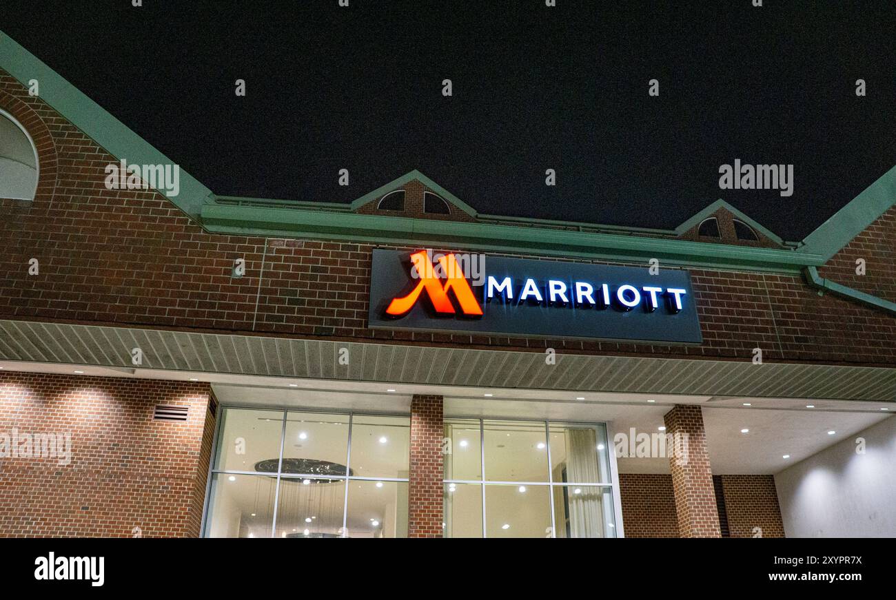 Marriott Hotel, building exterior at night, Newport, Rhode Island, USA ...