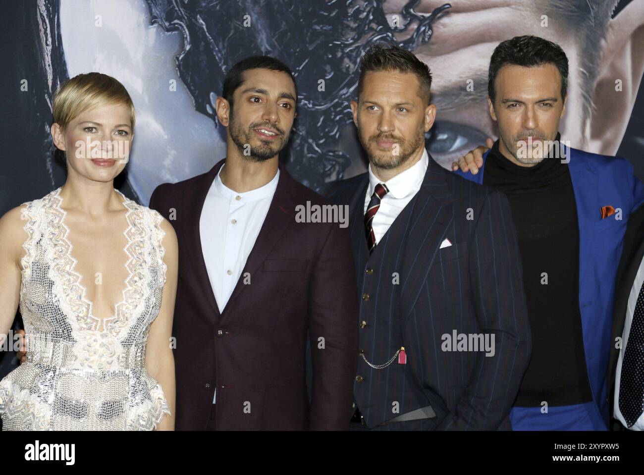 Riz Ahmed, Reid Scott, Tom Hardy and Michelle Williams at the Los Angeles premiere of 'Venom ...