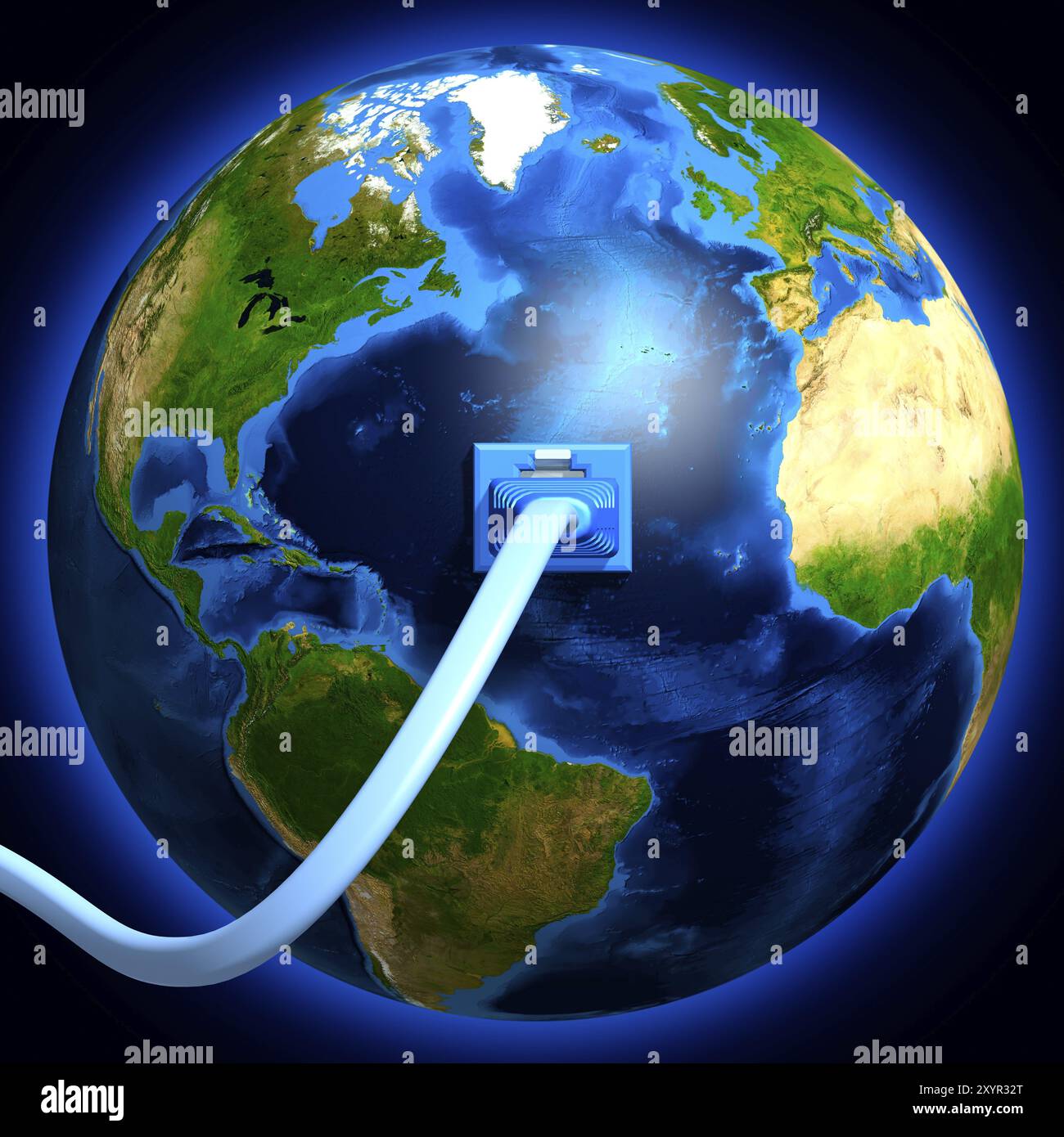 Network cable plugged into the Earth globe. Conceptual 3D illustration ...