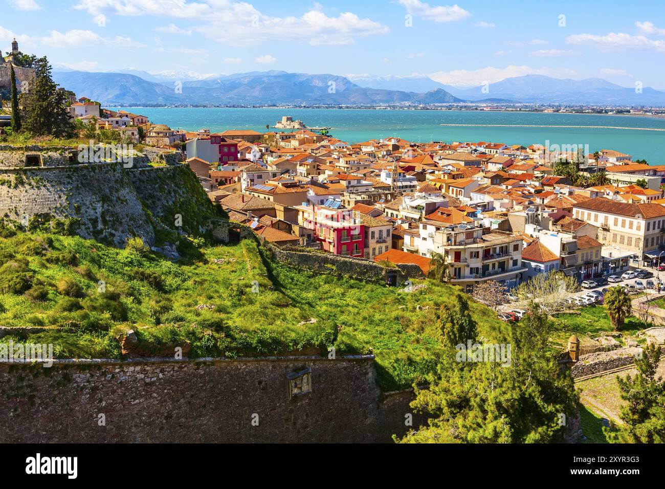 Old town aerial panorama with sea in Nafplio or Nafplion, Greece ...